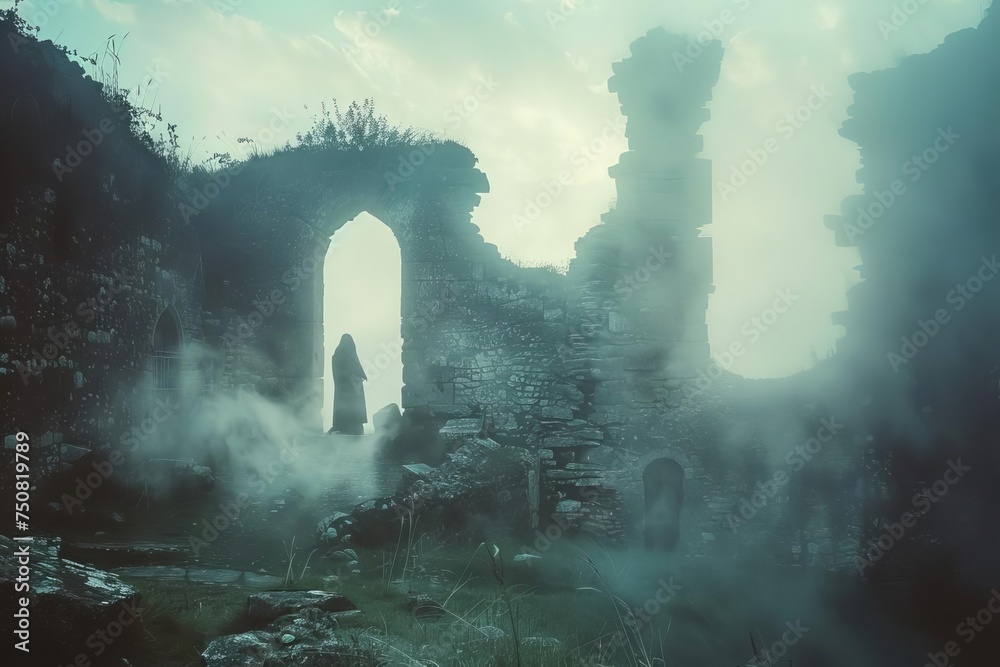 Transparent apparition of a historical figure Seen through the mist in ...