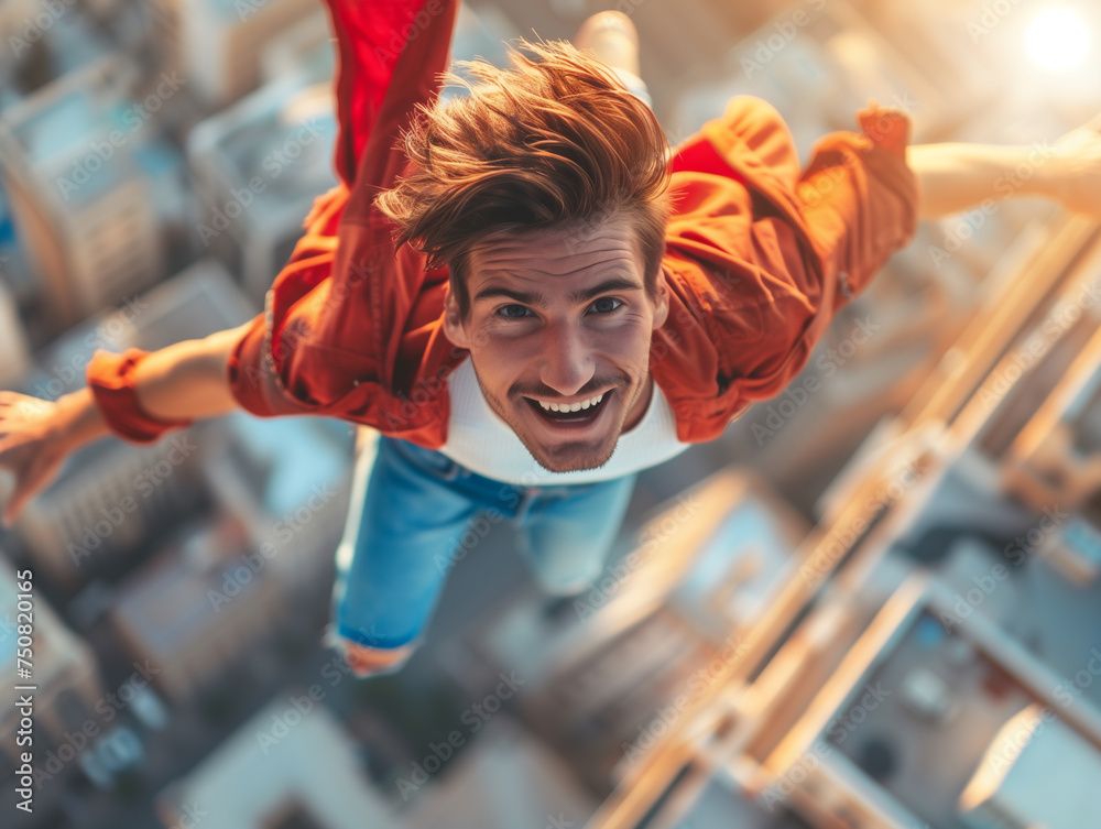 An exhilarated young man experiences the rush of urban skydiving, with ...