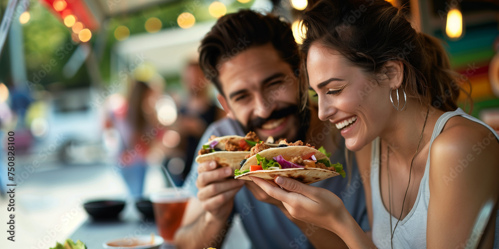 Happy couple sharing tacos in front of a Mexican Food Truck sitting by ...