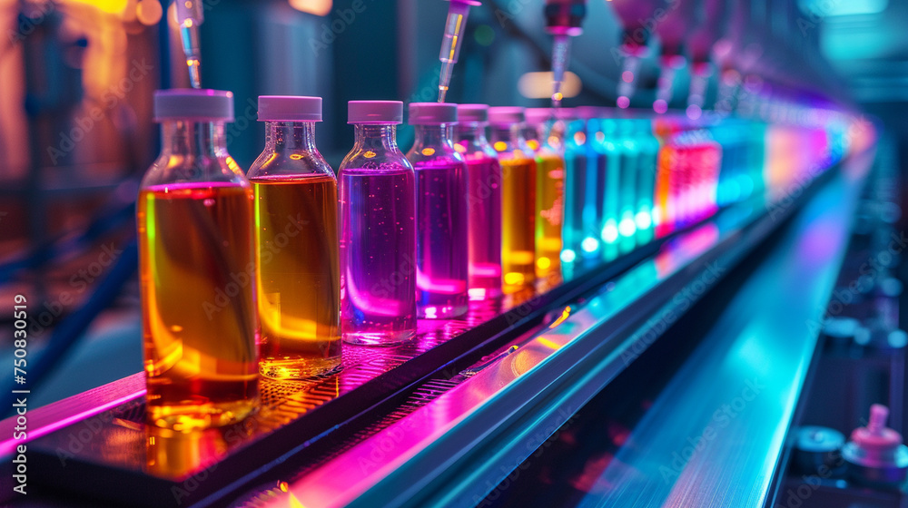 Rows of glass bottles lined up on a conveyor belt, being filled with a ...