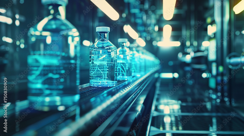 A futuristic lab scene where glass bottles are filled with a synthetic ...