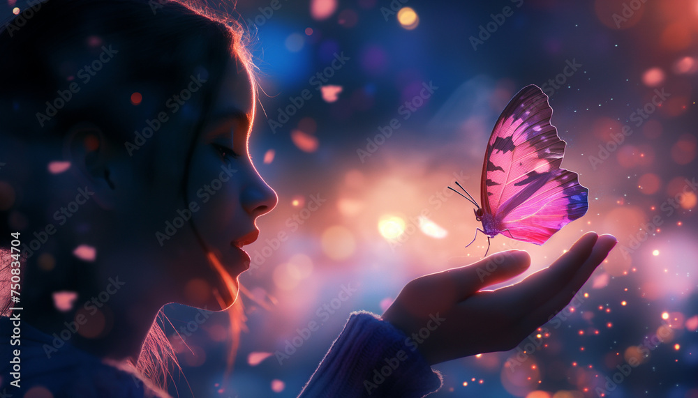 A woman releasing a pink butterfly into the sky, symbolizing ...