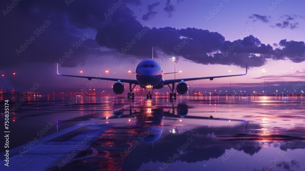 Airliner ready for departure on reflective wet runway. Twilight skies ...