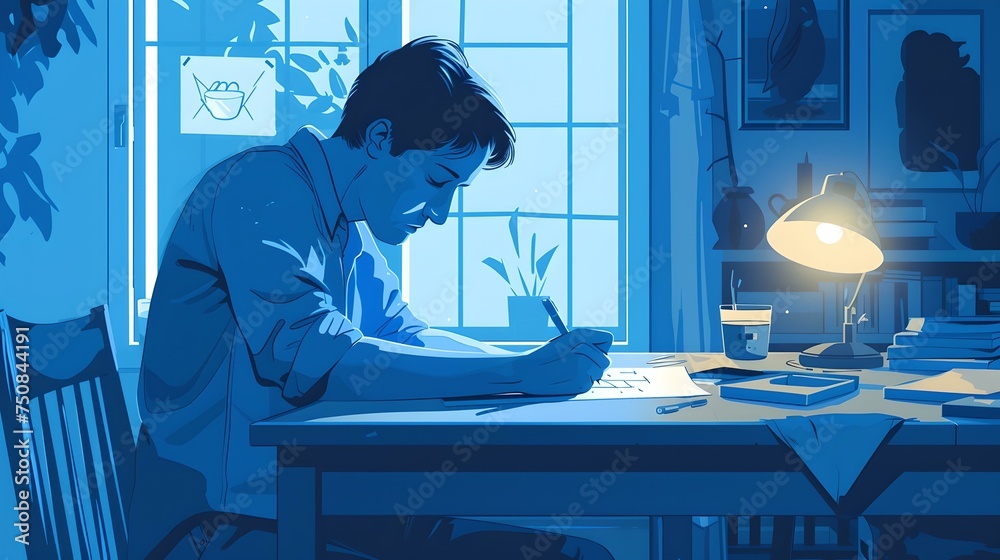 Dedicated man working late at night, illuminated by lamp light. focus ...