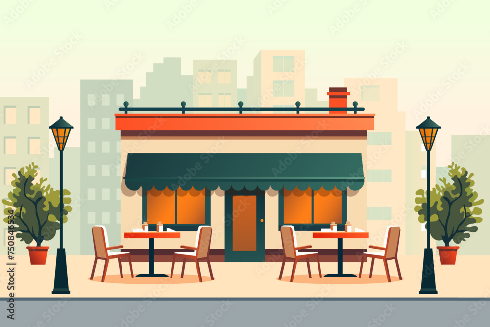 Small family restaurant with outdoor seating. A cozy cafe with trees in ...