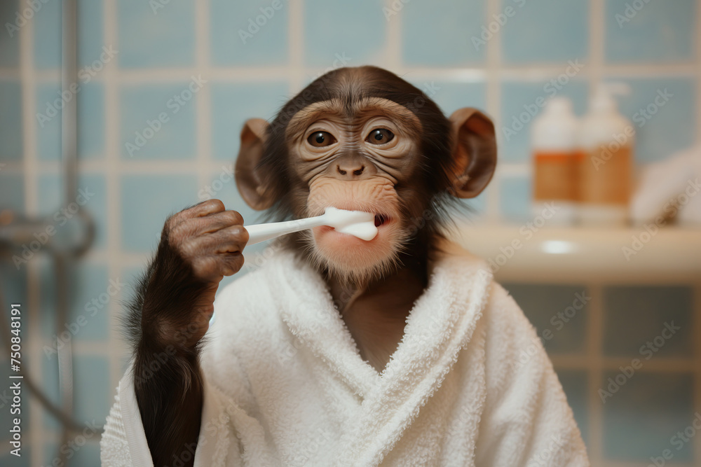 Funny dental hygiene image of a chimpanzee monkey wearing dressing gown ...