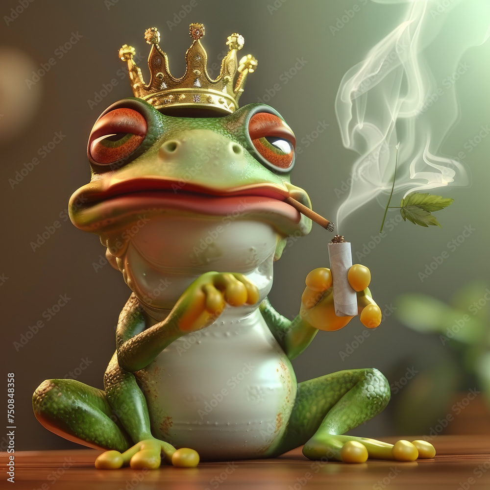 3D render of a cartoon caricature of a frog with crown on his head ...