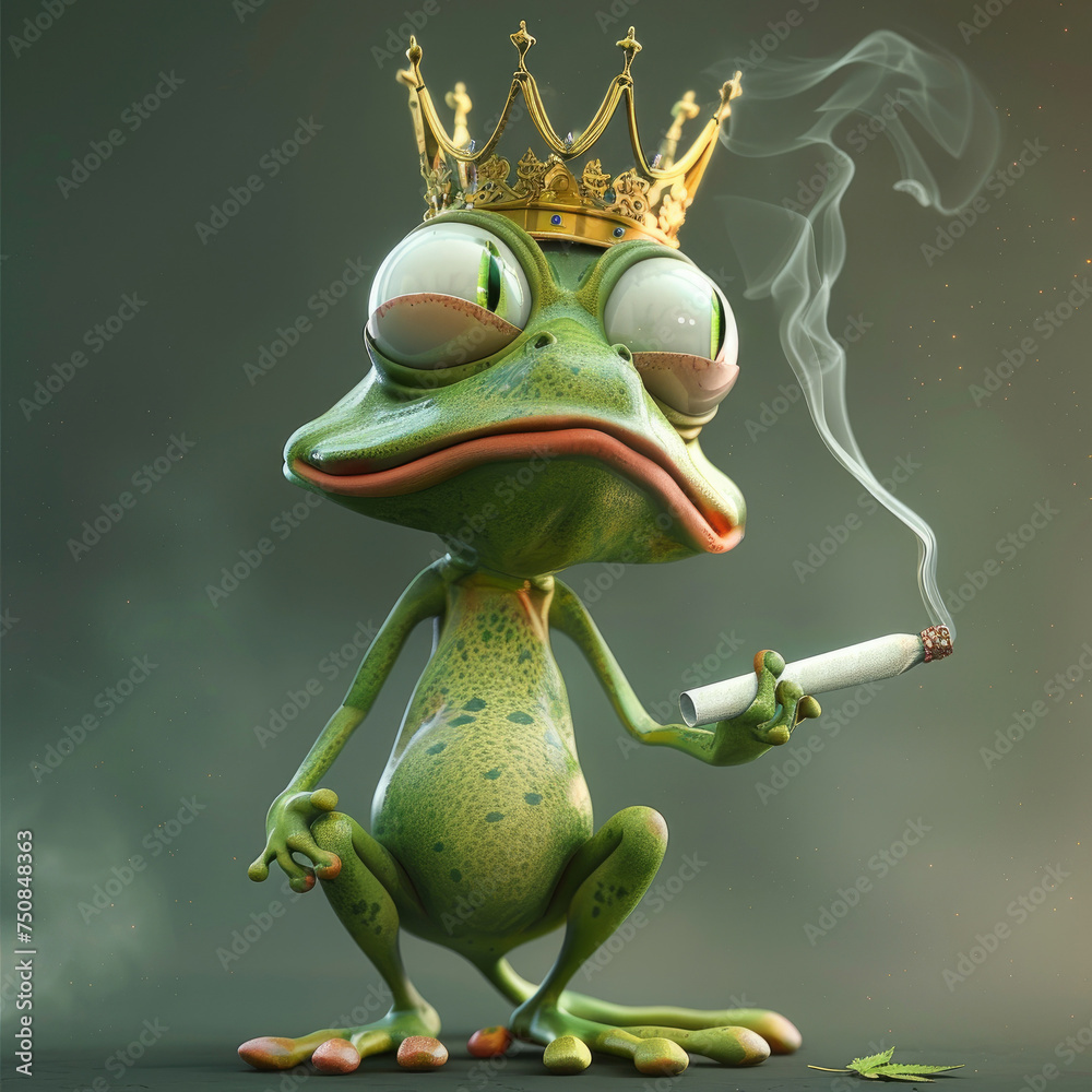 3D render of a cartoon caricature of a frog with crown on his head ...
