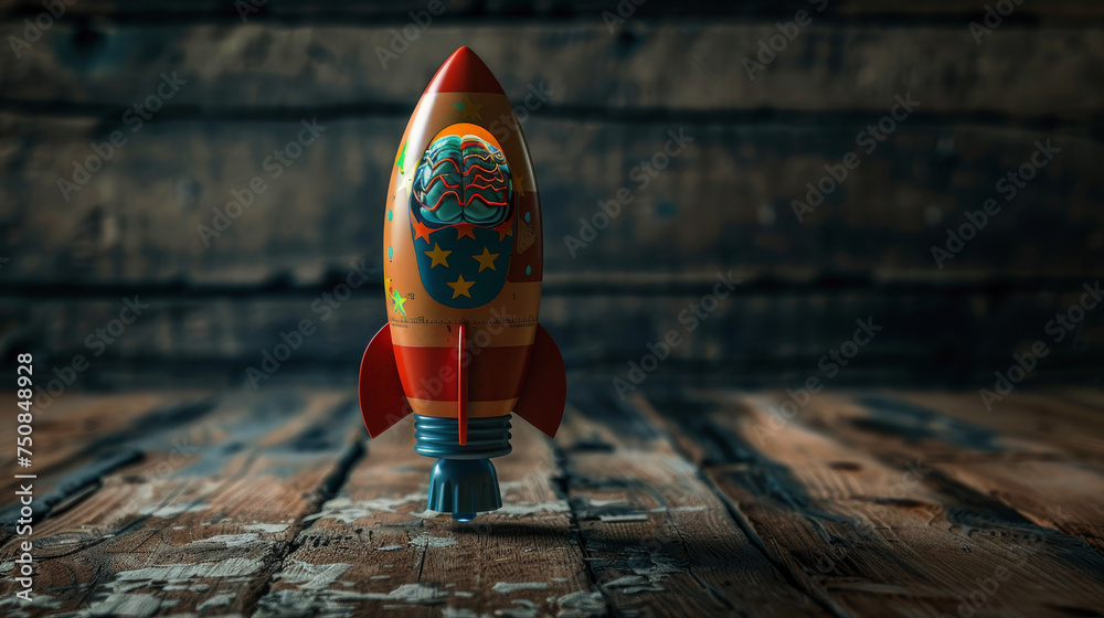 a realistic toy rocket with a colorful AI brain inside floating above a ...