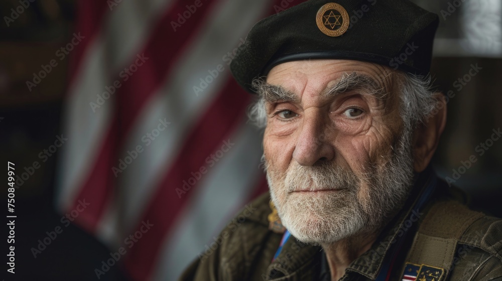 A portrait of a Jewish American veteran standing proudly in front of an ...