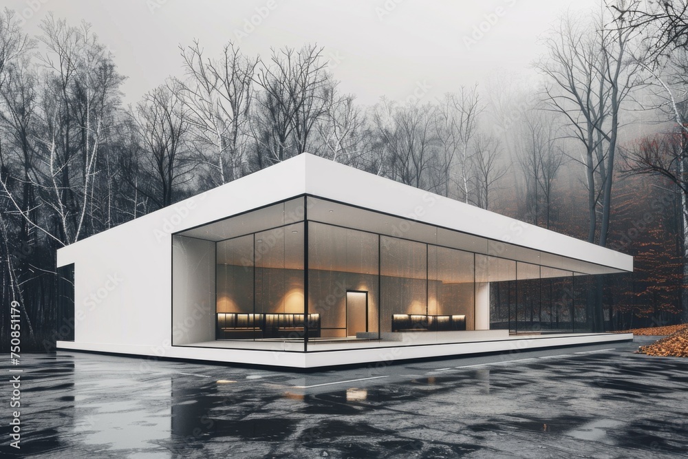 very modern and simple designed flagship store building in deep forest ...