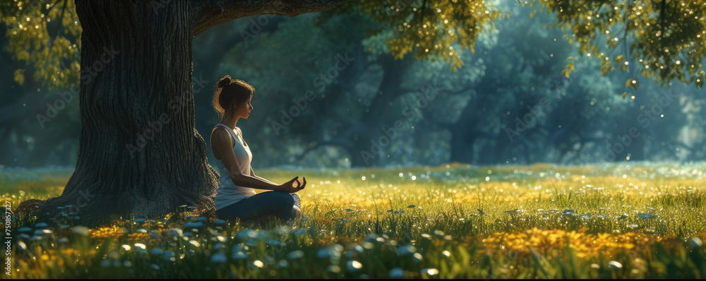 mental health and meditation. a young girl meditates in the lotus ...