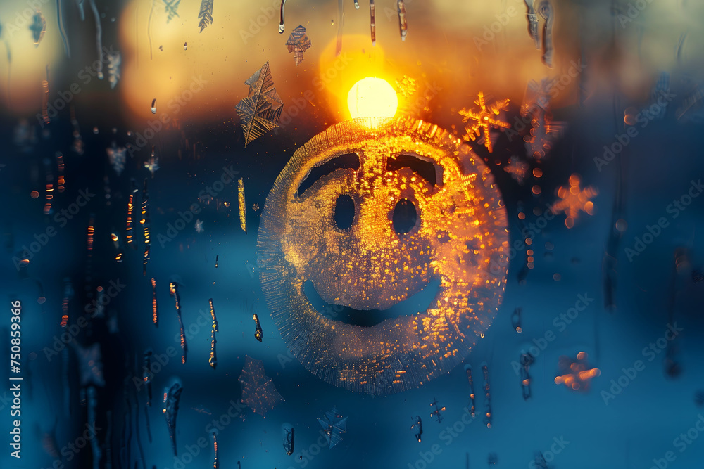 Frosty smiley face drawn on a window with sunrise in the background and ...