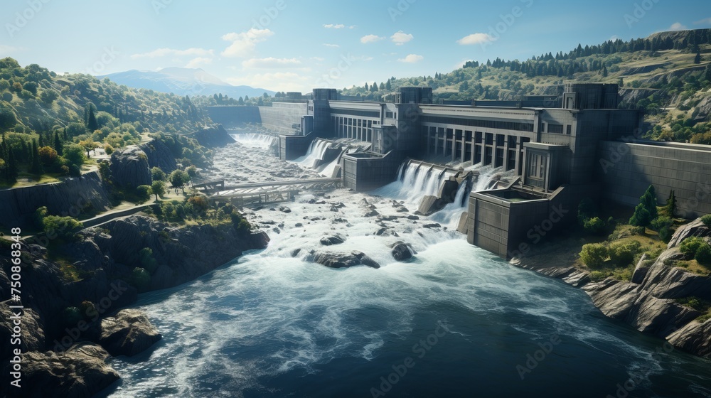 Hydroelectric Power Generation: A dam with rushing water, highlighting ...