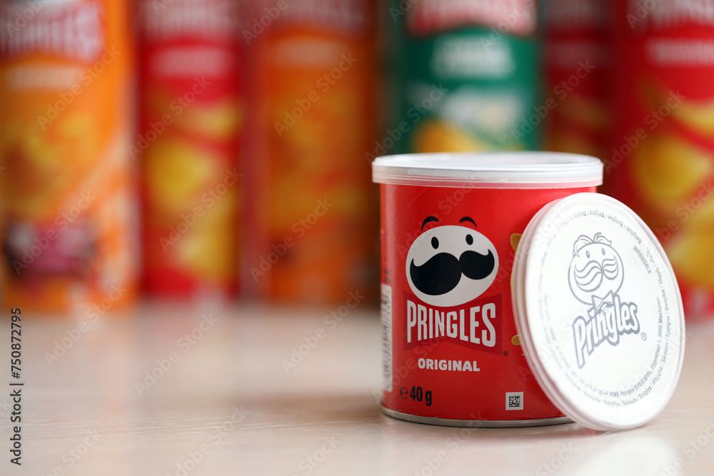 KYIV, UKRAINE - FEBRUARY 27, 2024 Pringles original potato chips on ...