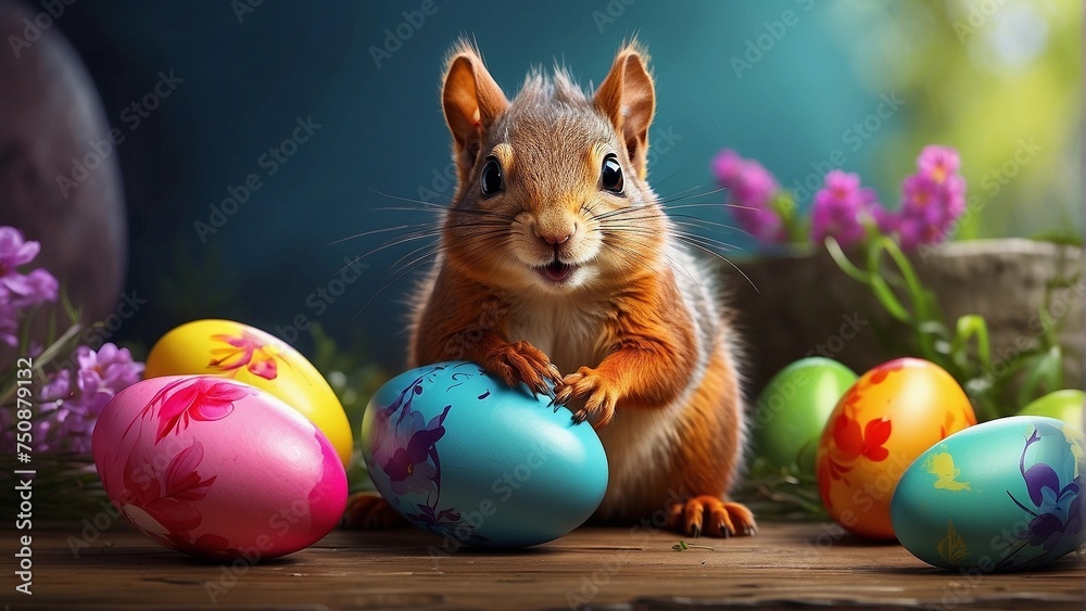 Mischievous Squirrel peeking out from a behind egg colors Stock Photo ...