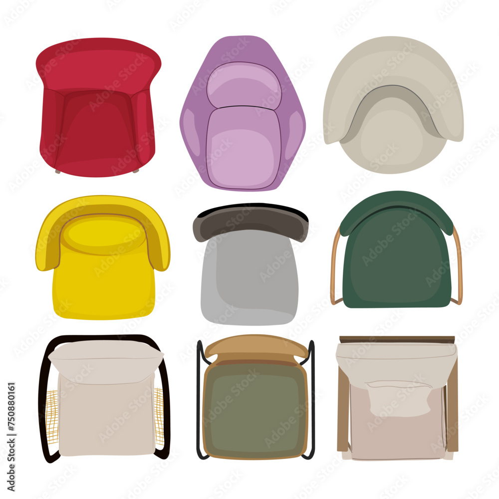 Armchairs, chairs for interior design set, top view. Overhead living ...