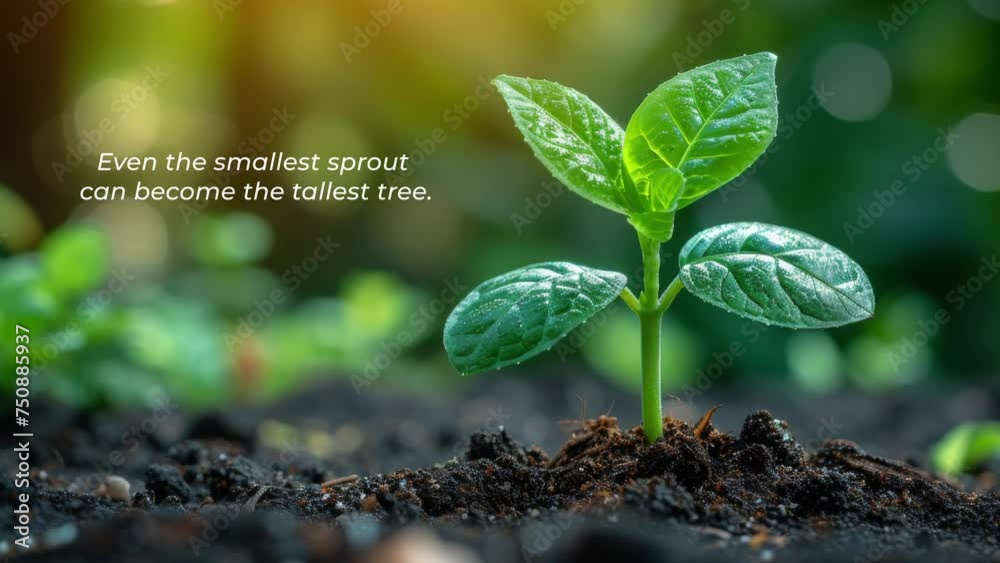 A young plant sprouting from rich soil with 'Even the Smallest Sprout ...