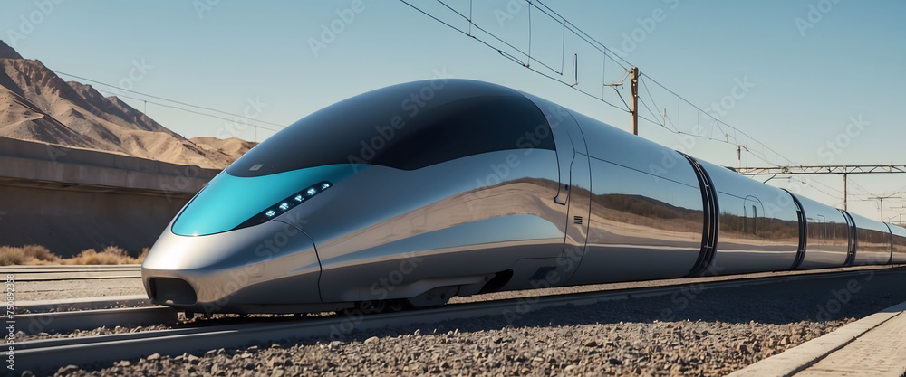 Train on the railway, futuristic bullet train or hyperloop ultrasonic ...