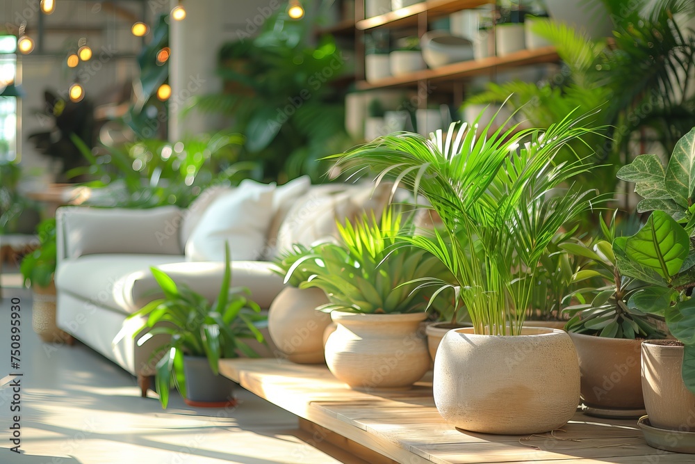 Indoor plants in slides of different types and sizes indoors at home ...