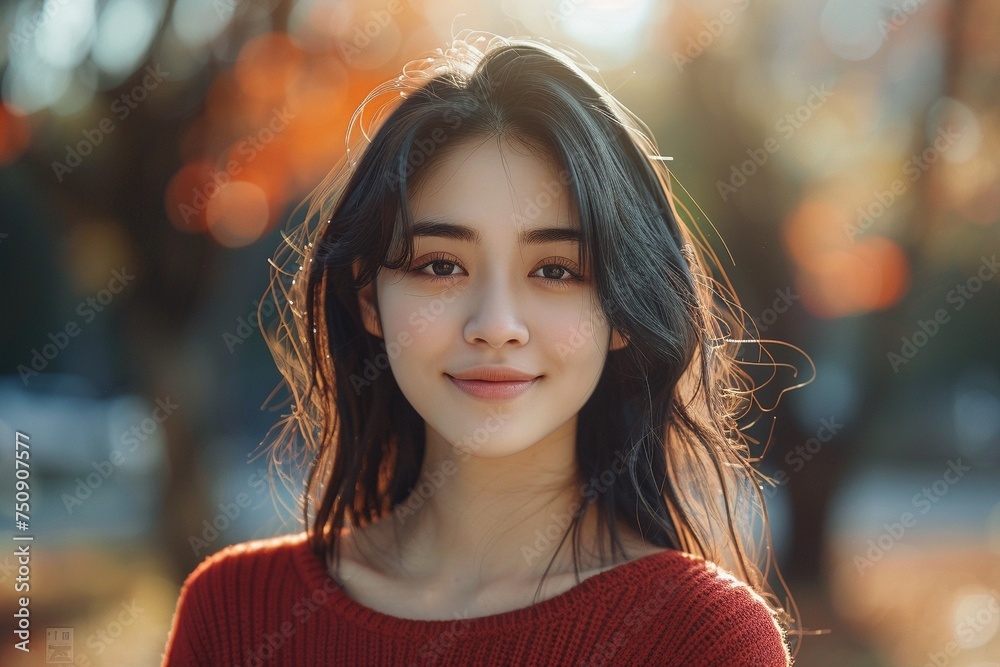 Smiling Girl without Makeup, Medium-Length Black Hair, Arched Eyebrows ...