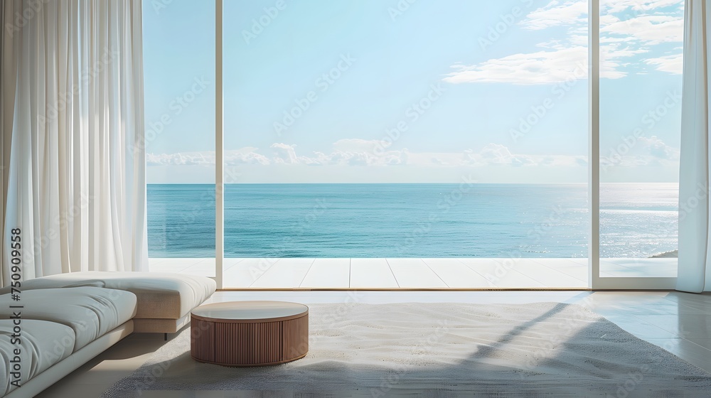 Minimal Luxury Beach house. Home interior living space with ocean view ...