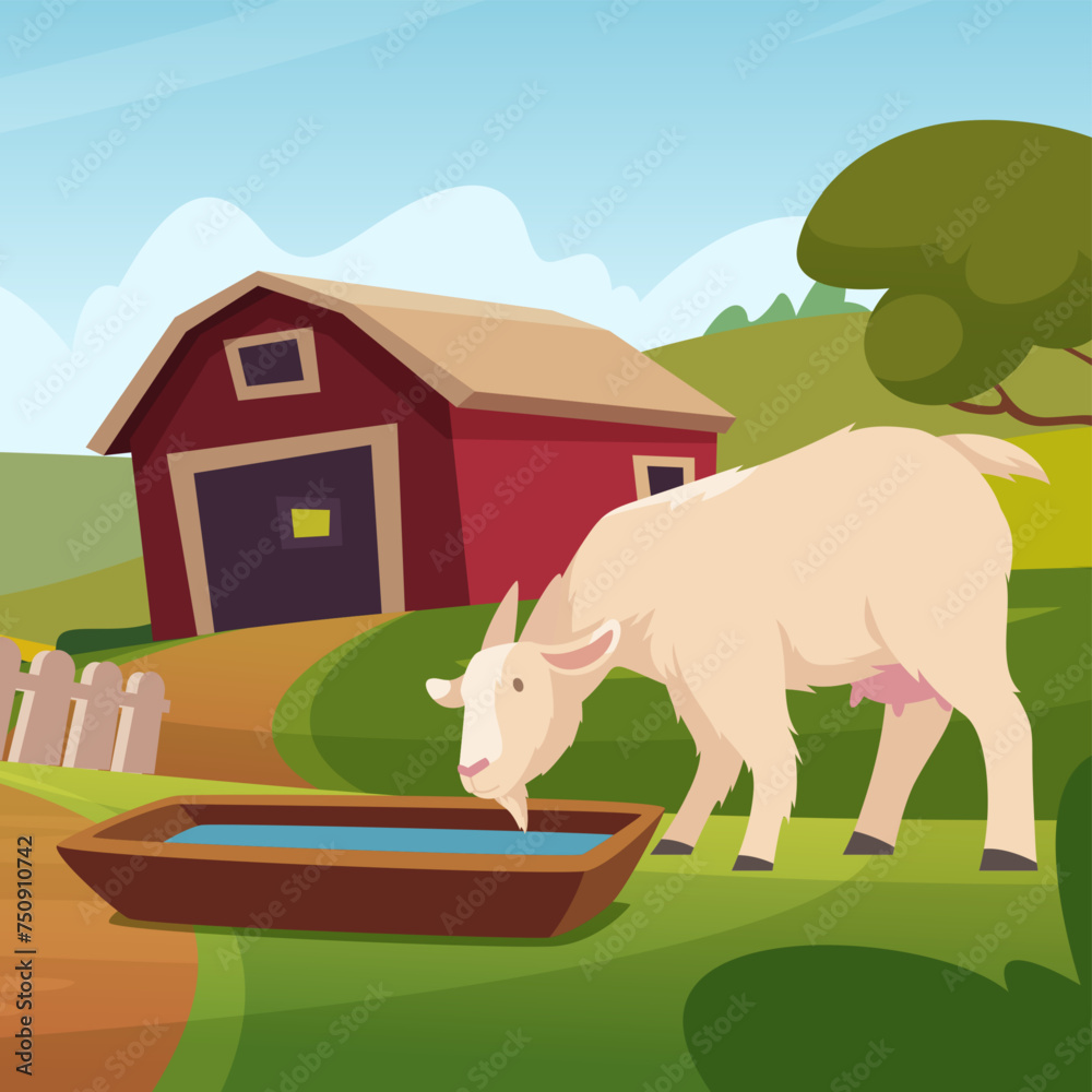 Goat farm cartoon background with goat eating food on farm field Stock ...