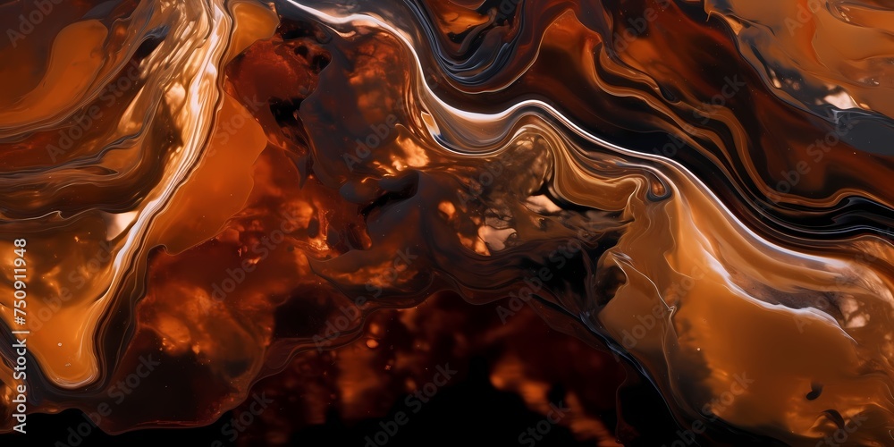 Liquid pools of fiery copper and velvety molasses converge, creating an ...