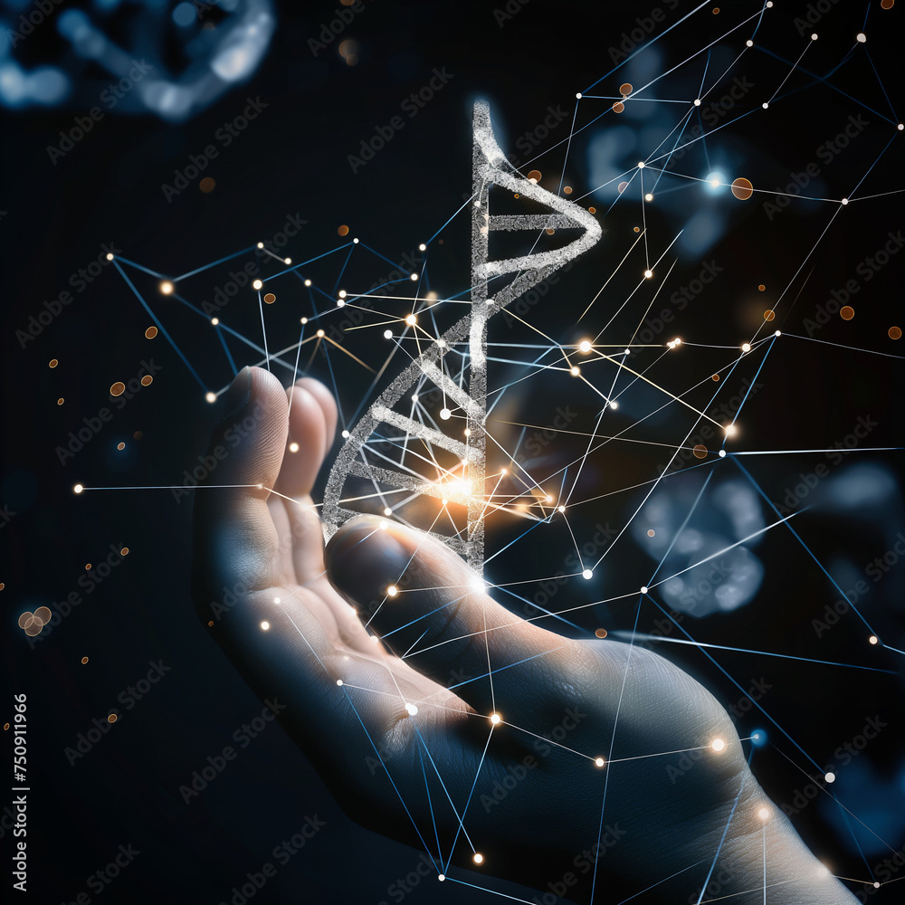 A futuristic representation of a human hand interacting with a glowing ...