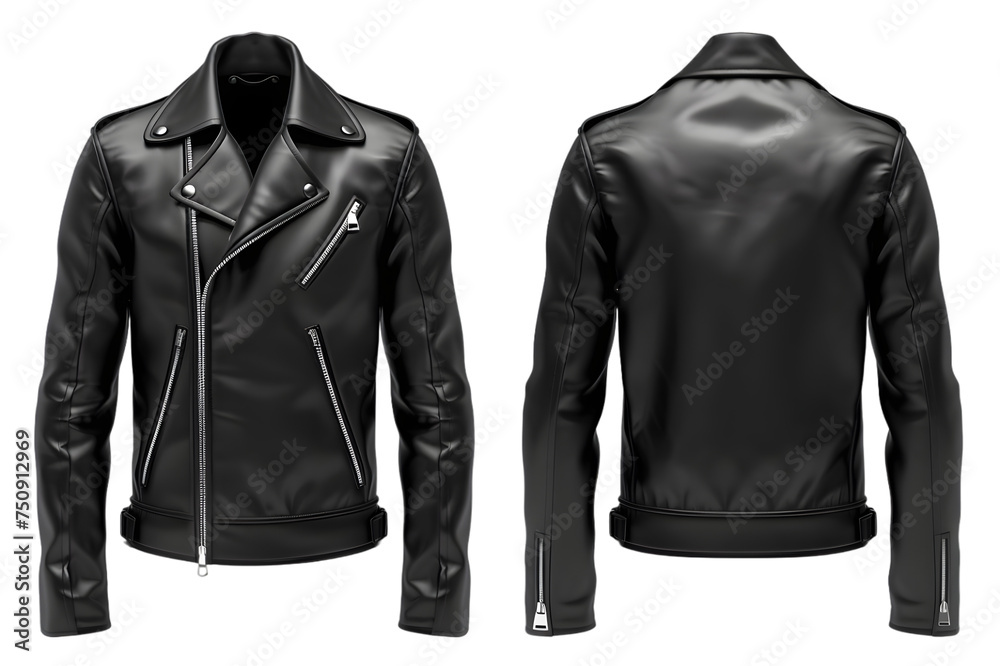 Front and back view of a midnight black leather jacket template. With ...