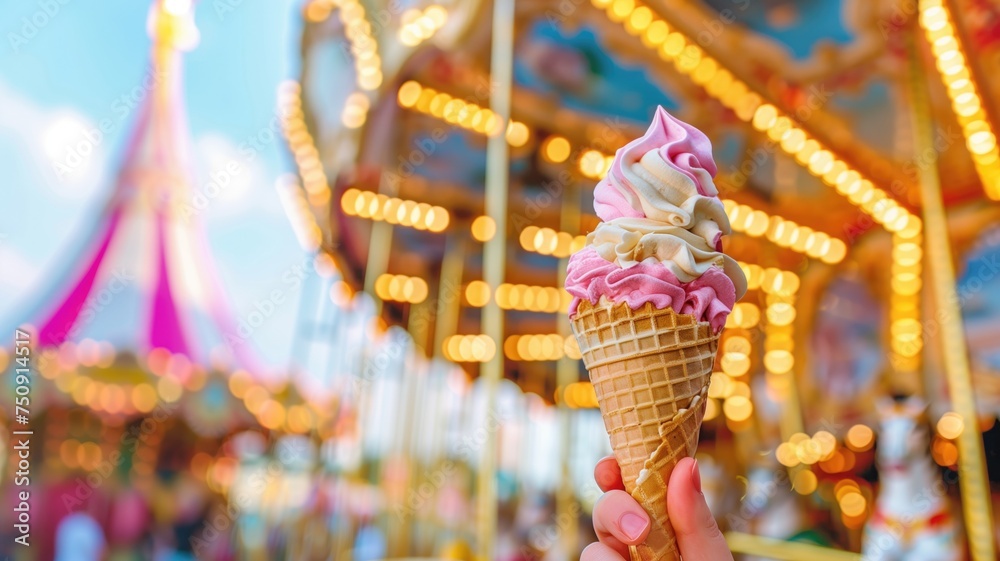 Swirled ice cream cone held up against a blurred carousel backdrop ...