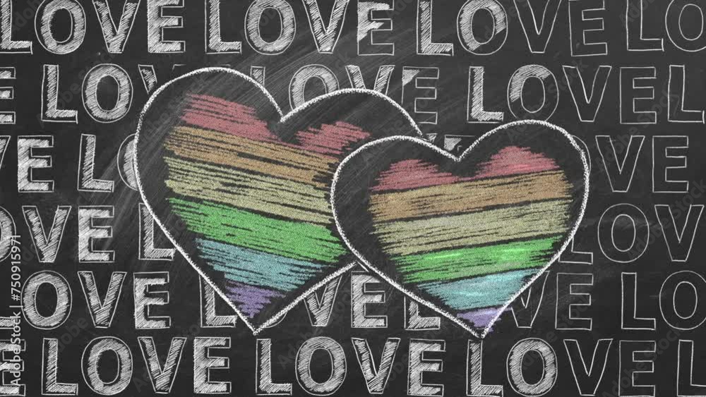 Two hearts in rainbow colors outlined in chalk and word LOVE is ...
