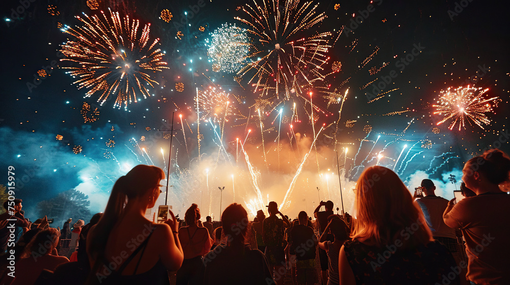 people celebrating with lights confetti and Sky lanterns fireworks ...