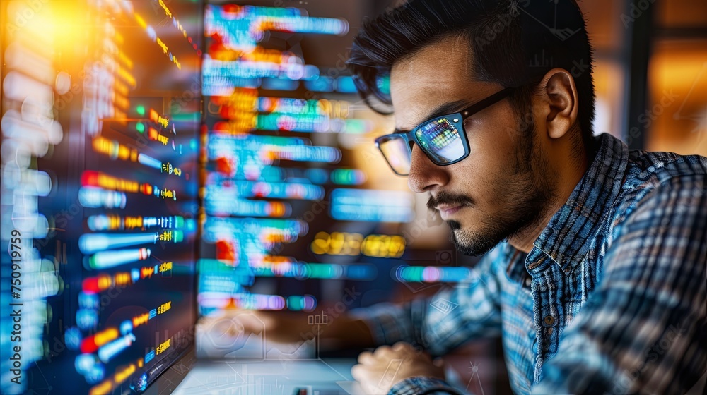 A programmer at work in front of a burning monitor. A male trader at ...