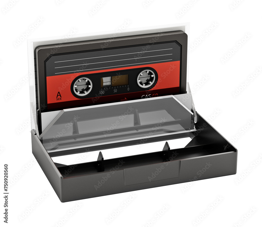 Vintage audio cassette and cassette case isolated on transparent ...