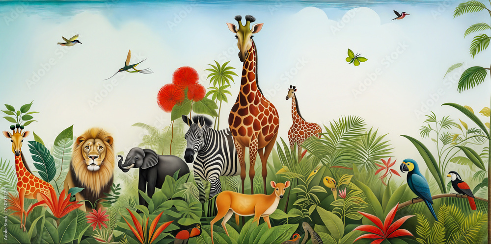 ภาพประกอบสต็อก Large group of African safari animals. Jungle, tropical ...