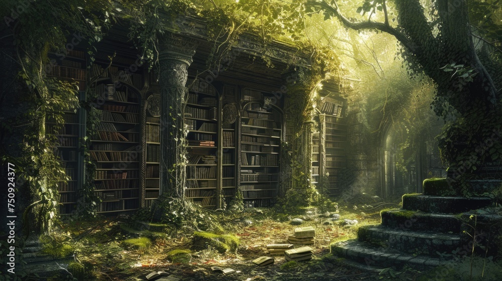 An ancient library in a hidden forest, overgrown with ivy, books filled ...