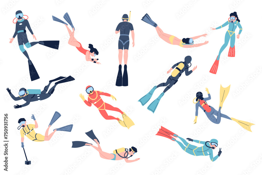 Divers characters. People diving with oxygen balloons and masks. Scuba ...