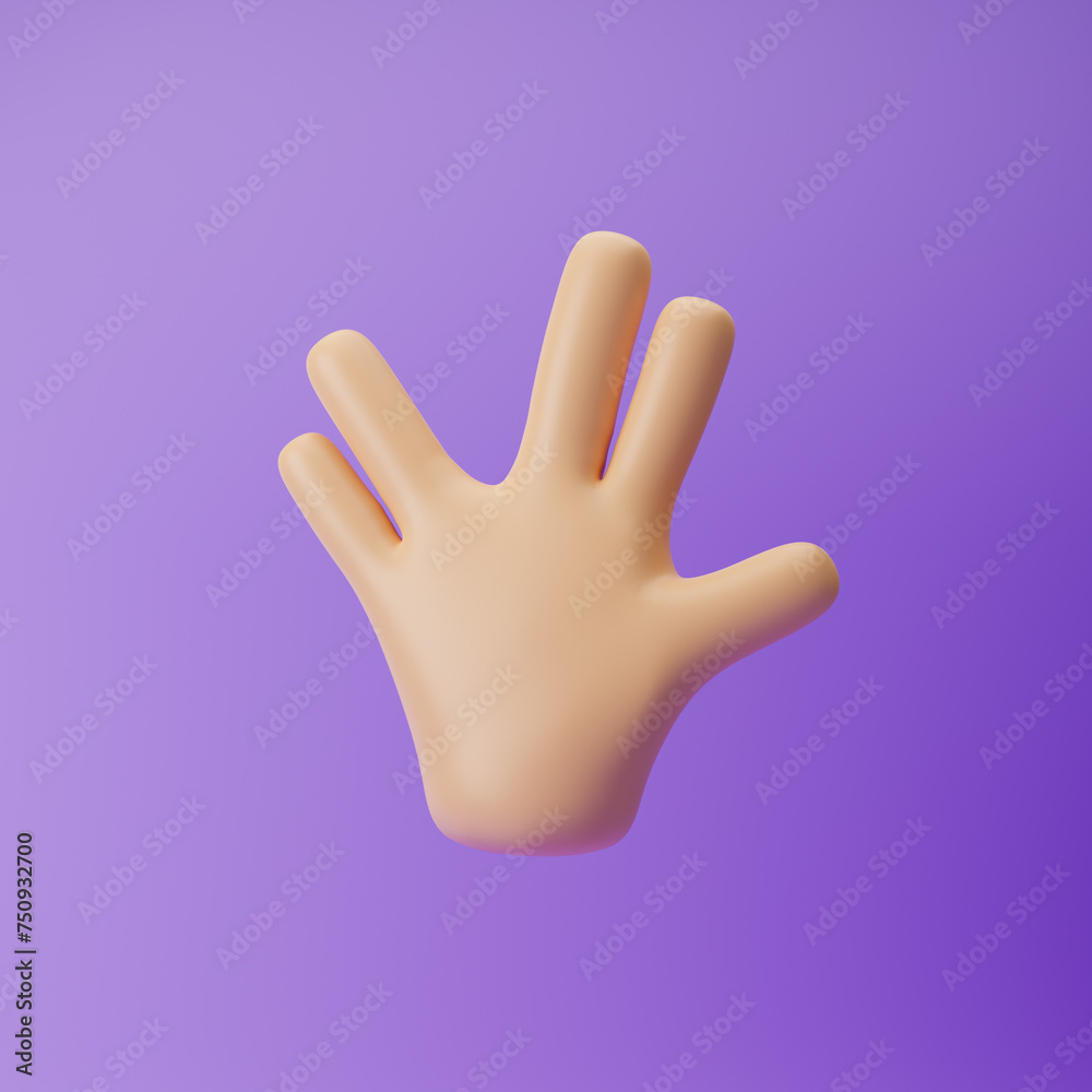 Cartoon emoji hand showing scifi salute gesture isolated over purple ...