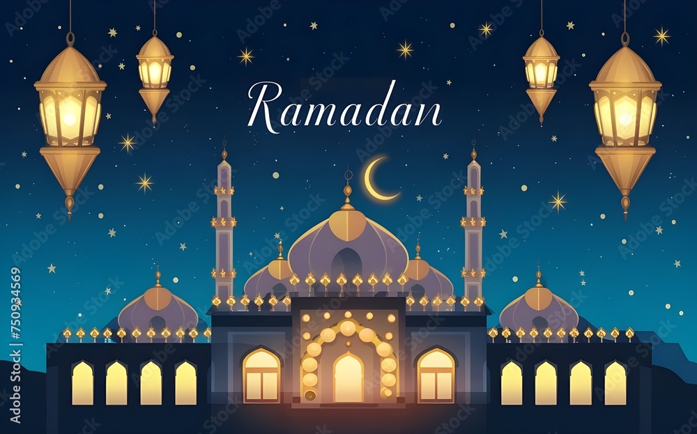 Ramadan mosque at night illustration, Islamic culture, Ramadan Kareem ...