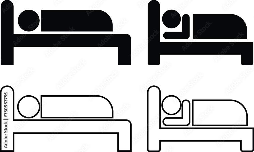 Sleeping man on bed different direction icon in flat, line set ...