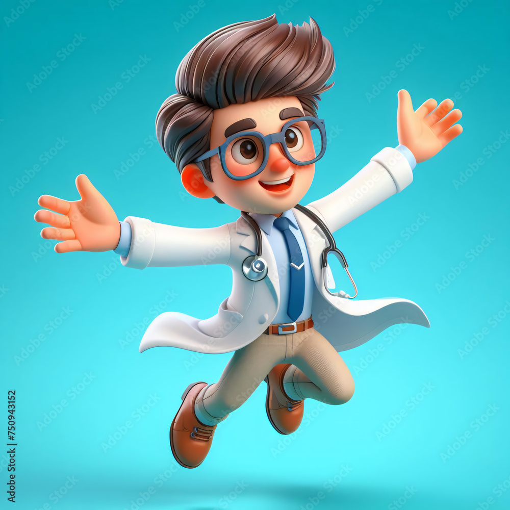 Cheerful 3d Animated Doctor Jumps Joyfully Cartoon Style Vibrant Colors Exaggerated Features