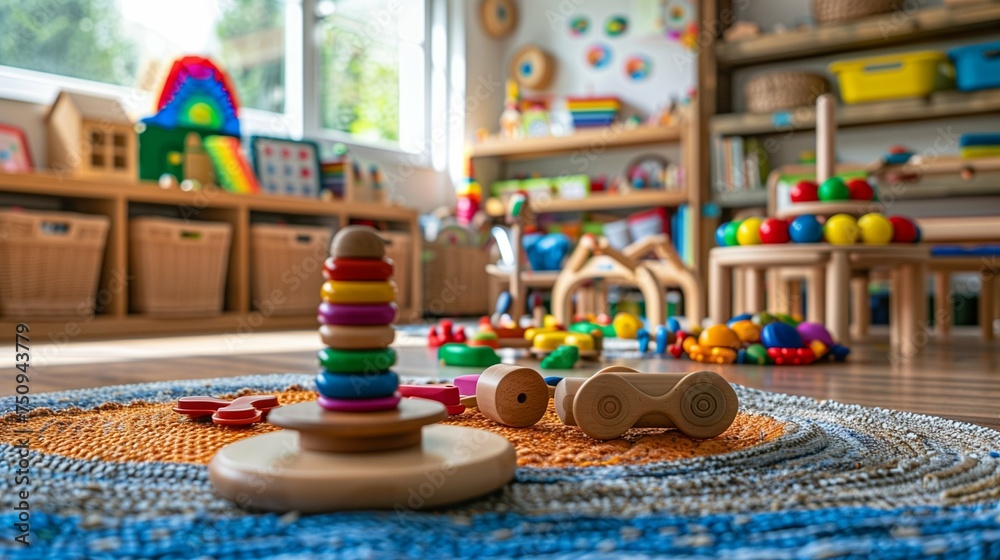 Wooden colored educational toys lying on the floor and shelves of ...