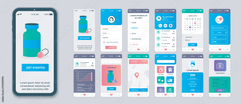 Medicine mobile app screens set for web templates. Pack of patient ...