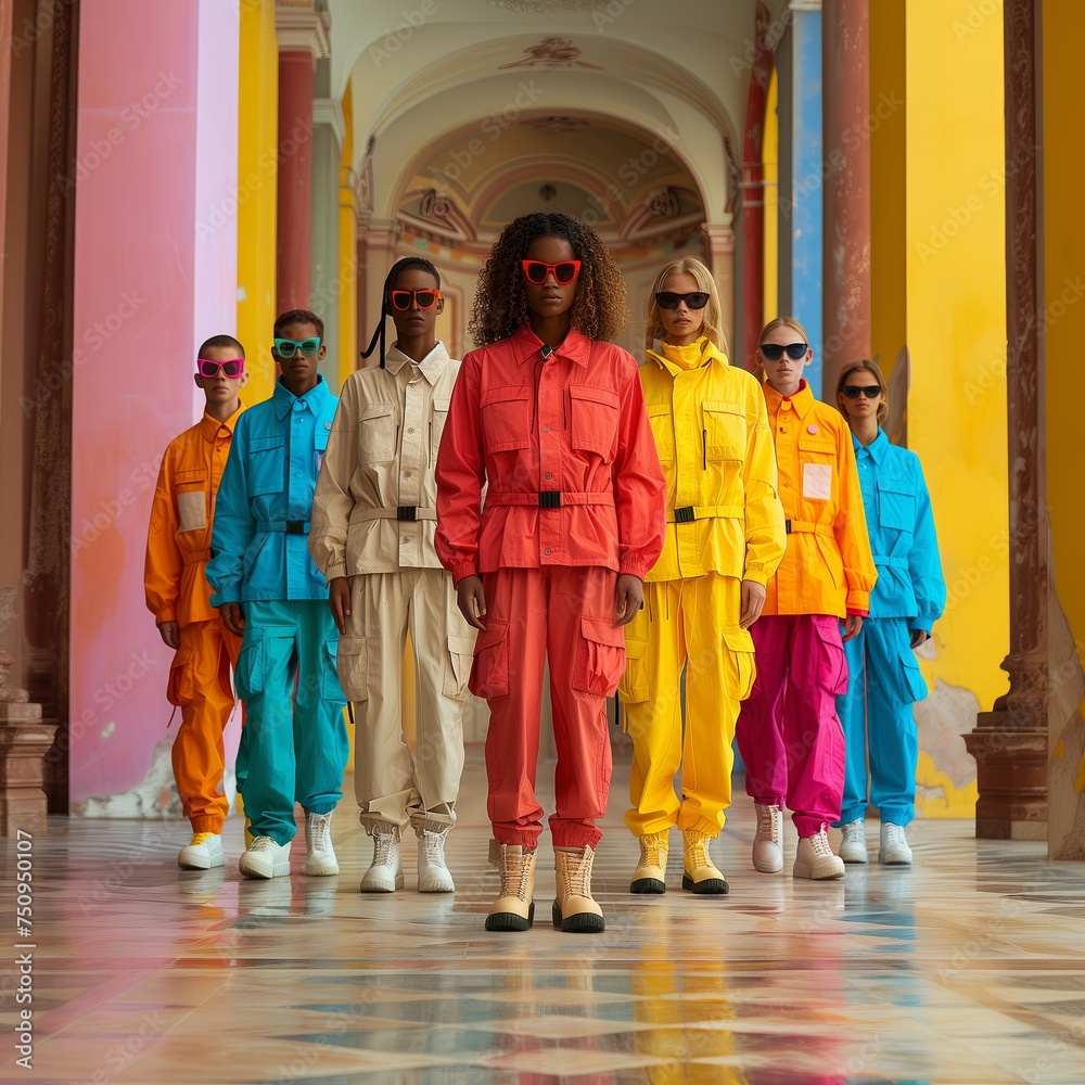 Fashion of the future. Multiracial people in bright, colored clothes ...