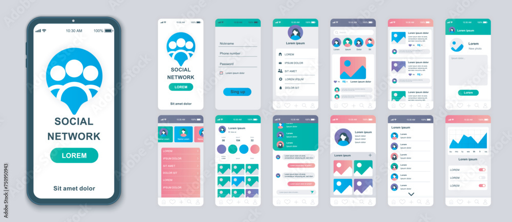 Social network mobile app screens set for web templates. Pack of ...