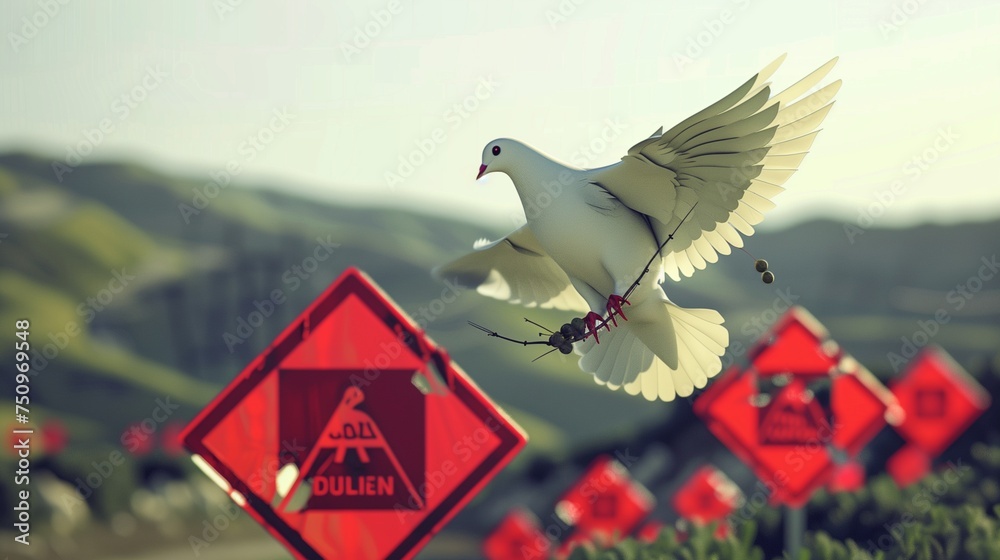 A symbolic representation of a dove in flight over a landscape dotted ...