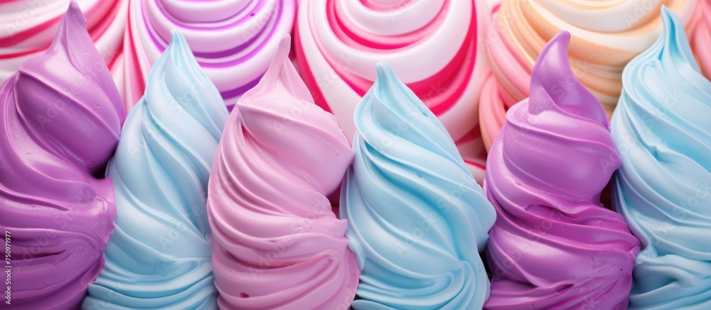 A collection of colorful Neapolitan ice cream cones sitting in a row ...