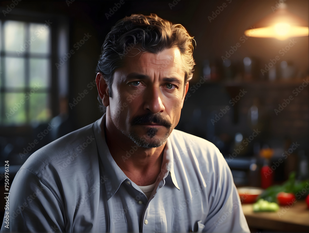 Mature, handsome man with a thoughtful expression in a rustic kitchen ...