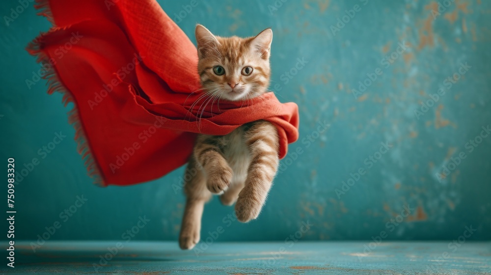 Flying cat superhero wearing red cape flying through the air in ...